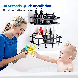 Shower Caddy Black 2-Pack Bathroom,Shower Organizer No Drilling Shower Shelves Wall Adhesive shower shelf for inside Shower Caddies with Hooks,Shower Storage Basket Shampoo Holder Organizer Kitchen