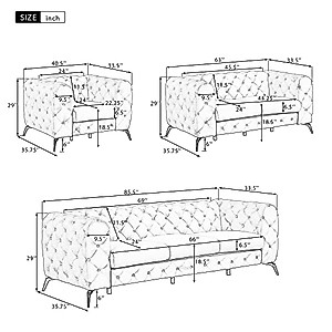 i-POOK 85.5" Chesterfield Sofa, Velvet Upholstered Sofa with Button Tufted Back and Sturdy Metal Legs, Modern Sofa Couch 3 Seater Sofa for Living Room Apartment Home Office, Gray