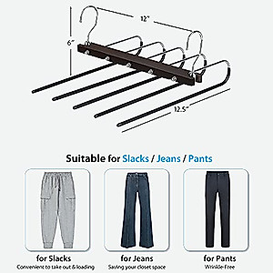 Wetheny Solid Wood with Stainless Steel Pants Hangers Space Saving,360° Rotating Chrome Swivel Hook with 5 Anti-Rust Trouse Hanger,Closet Clothes Organizer for Trousers Scarves Slack (1 Pack)