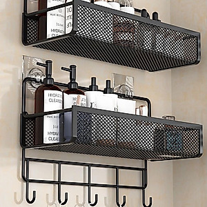2 Pack Shower Caddy Shelf Organizer Rack, Bathroom Shelves Basket, Adhesive Black Bathroom Accessories, Save Space with Hooks, Toiletries Organization And No Drilling Shower Shelves (White)