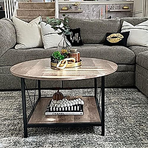 YITAHOME Round Coffee Table,Wood Coffee Table for Living Room,2-Tier Rustic Farmhouse Circle Coffee Table with Sturdy Metal Legs Storage Shelf,Grey Wash