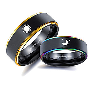 2pcs Sun and Moon Promise Rings for Couples Matching Rings for Couples Stainless Steel Customizable Black Couples Rings for Him and Her Set Engagement Wedding Ring Set for Women Men Christmas Gift Valentine's Day Jewelry (Style-1)
