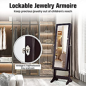 COSTWAY Standing Jewelry Cabinet Armoire, Large Storage Jewelry Organizer w/Full Length Mirror, 4 Adjustable Angles & 2 LED Lights, Lockable Mirror Jewelry Cabinet for Living Room, Bedroom, Brown