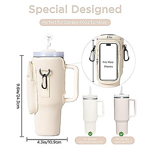 Water Bottle Carrier Bag with Phone Pocket for Stanley 40oz Tumbler with Handle Neoprene Water Bottle Holder Pouch with Adjustable Strap for Stanley Cup Accessories Bollus with Straw Cover & Carabiner
