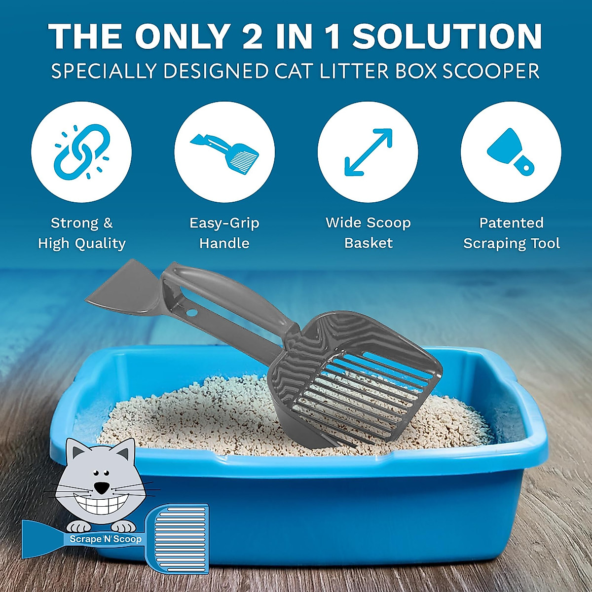 SCRAPE 'N' SCOOP Cat Litter Clump Remover with Sifter – Litter Box Scooper & Scraper 2 in 1 for Litter Tray, Potty, & Litter Pan - Animal Waste Cleaner Tool - Pet Accessories & Supplies - Grey