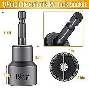 RV Leveling Scissor Jack Socket Drill Adapter, 1/4 Inch Quick Connect Hex Shank, Fits 3/4 Inch or 19 mm Hex Drive Jacks, for Car Auto Camper Stabilizers, 2 Pieces