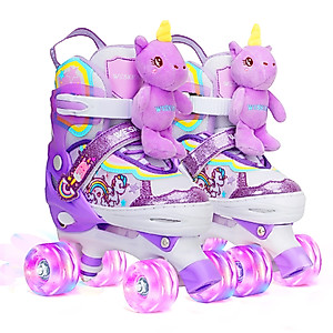 Unicorn Doll Kids Toddler Roller Skates for Girls,WESKIFAN Quad Skating Shoes With Shiny Light up Wheels&Adjustable Sizes Beginners rollerskates for Birthday Xmas Gifts,Patines para Niñas Niños
