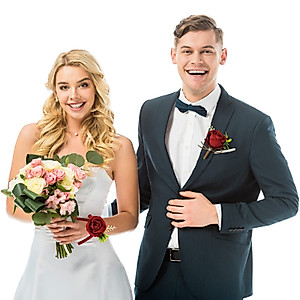 4 Pcs Corsage and Boutonniere Set, 2 Rose Wrist Corsage Wristlet Band Bracelet for Prom and 2 Boutonniere for Men Wedding Groom Flowers Accessories Suit Decoration (Burgundy)