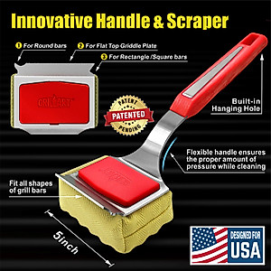 GRILLART Grill Brush Bristle Free. SteamWizards BBQ Replaceable Cleaning Head, Unique Seamless-Fit Scraper Tool for Cast Iron/Stainless-Steel Grates, Safe Barbecue Grill Cleaner-Red