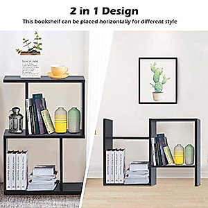 Giantex 2-Tier Bookshelf S Shaped Bookcase Set of 2, Free Standing Industrial Storage Rack, Suit for Living Room Bedroom Office, Modern Small Bookcase, Black