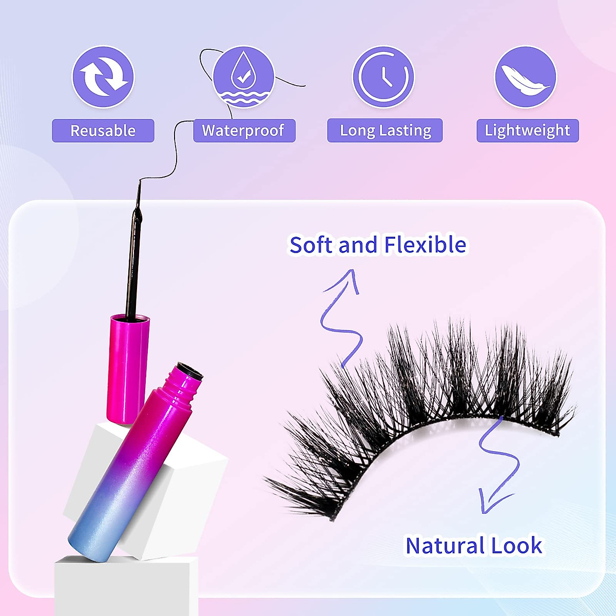 Magnetic Eyelashes Kit, Reusable Magnetic lashes Natural Look, 10 Pairs False Eyelashes with Magnetic Eyeliner & Tweezers, No Glue Needed, Easy to Wear (Blue Purple)