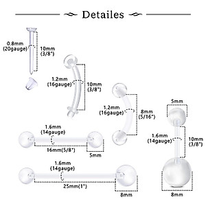 MODRSA Clear Nose Studs Clear Nose Rings for Work Clear Earrings for Sports Clear Piercing Jewelry Plastic Nose Rings for Surgery Septum Retainer Plastic Belly Button Rings Plastic Tongue Rings