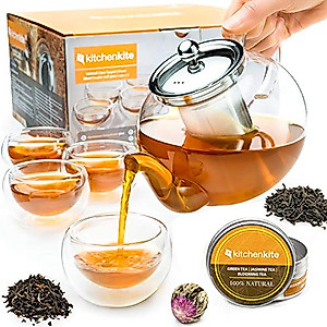 Tea Kettle Infuser Stovetop Gift Set - Glass Teapot with Removable Stainless Steel Strainer, Microwave & Dishwasher Safe, Tea Pot with Blooming, Loose Leaf Tea Sampler & 4 Double Wall Cups, Tea Maker.