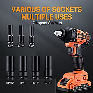 Cordless Impact Wrench, 20V Brushless 1/2 Impact Gun, High Torque Impact Driver 250 ft-lbs (340N.m) 2600RPM, LED Light, Impact Driver Kit with 2.0Ah Battery &1-Hour Charger, 7 Sockets for Home & Car
