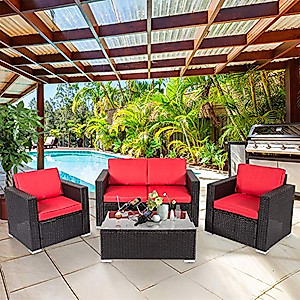 Peach Tree 4 PC Patio Furniture Sets PE Rattan Wicker Sofa Sectional Conversation Set with Washable Cushion and Coffee Table Deck Couch Set for Garden Outdoor(Red)