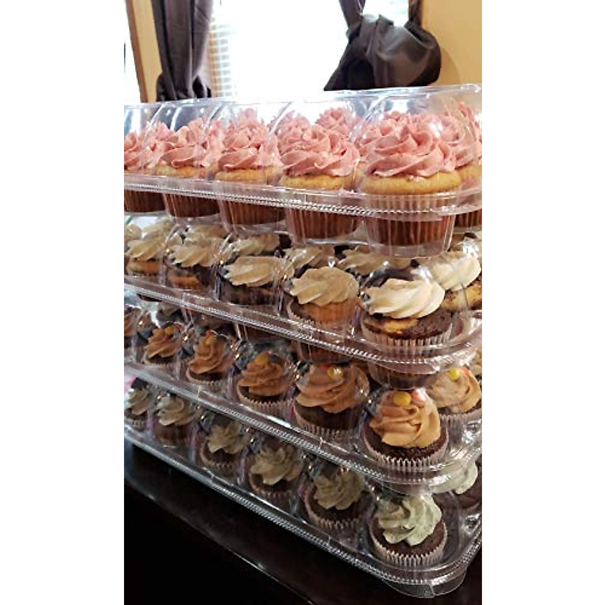 Decony 24 Compartment cupcake containers plastic disposable Cupcake Boxes muffin carrier - Great for high topping - 5 pc. - 24 slot each - Plus White standard size baking cups.