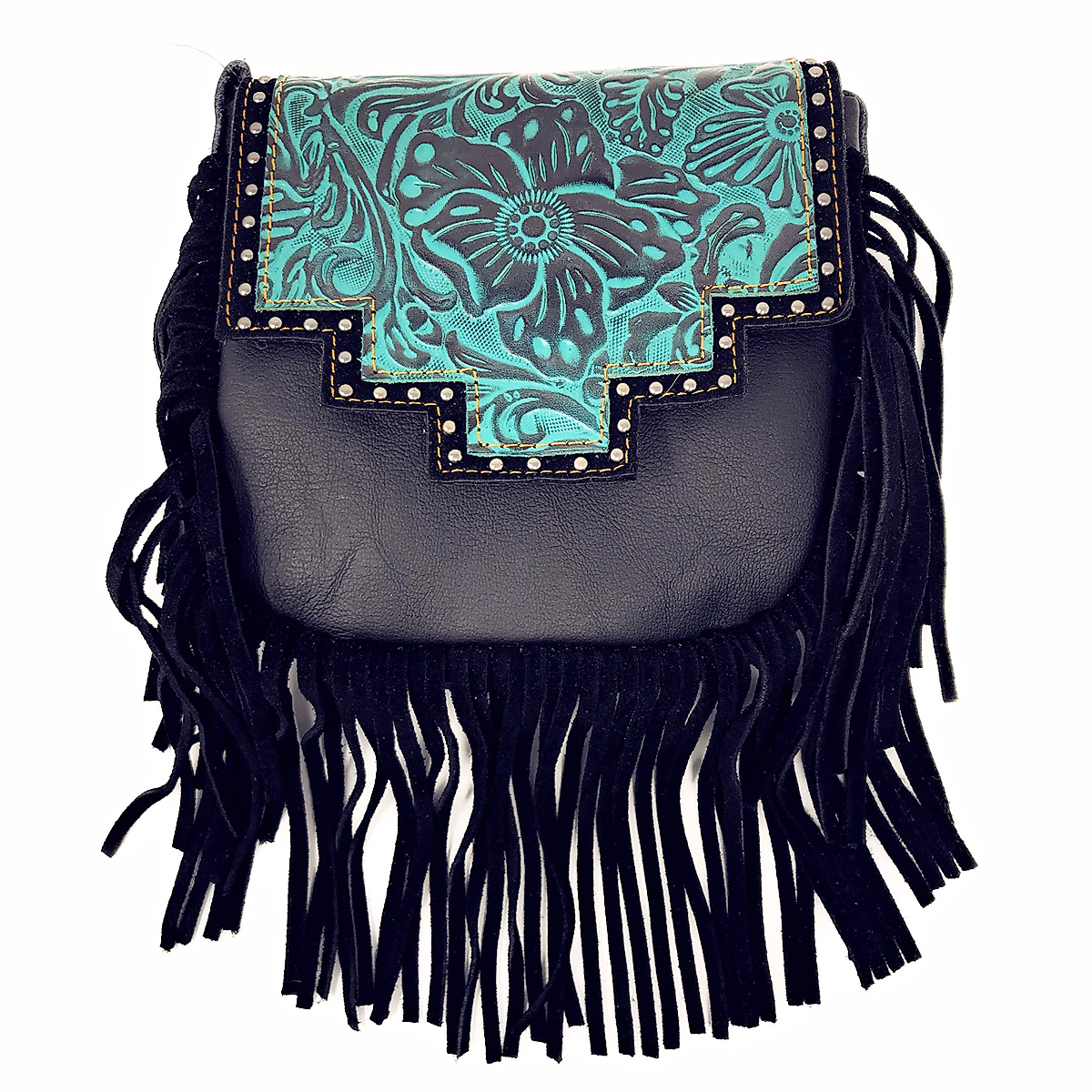 Western Genuine Leather Floral Tooled Fringe Womens Crossbody Bag 3 Color (Turquoise/Black)
