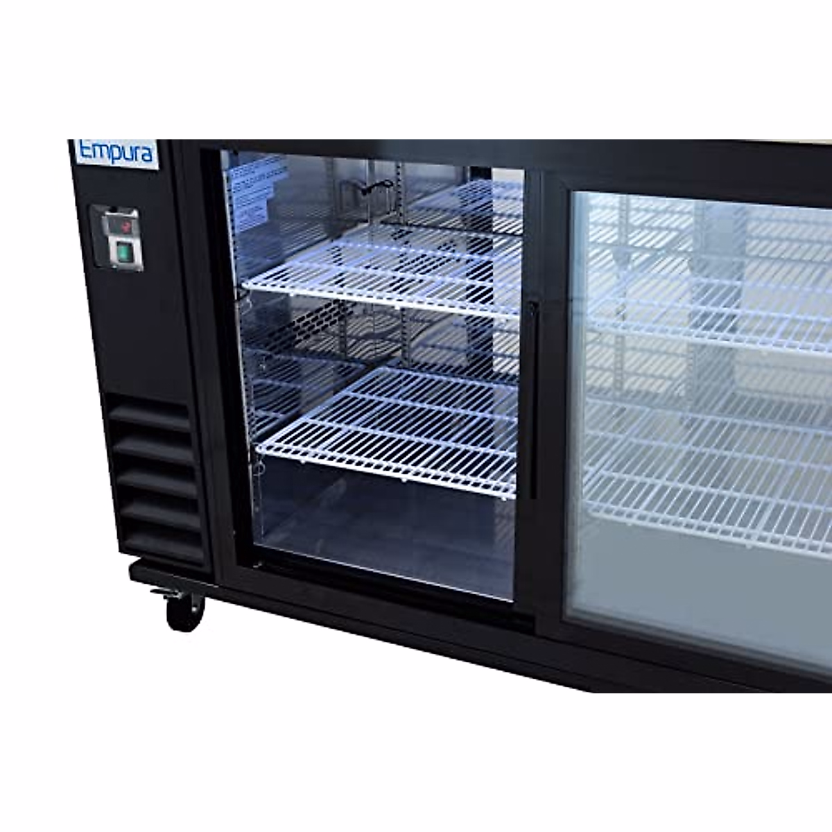 Empura 61" Back Bar Cooler Cabinet with 2 Sliding Glass Doors | Commercial Refrigerator Fridge Beer Soda | 324 12-oz Bottles Capacity, 61.1”W x 24.4”D x 41.7”H, Stainless Steel Countertop, Black, 115v