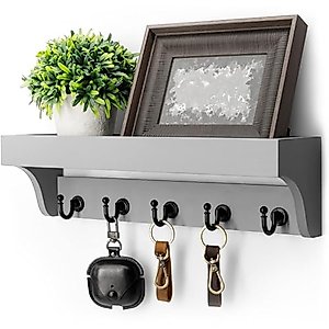 Rebee Vision Decorative Key Holder for Wall - Modern Farmhouse Wall Mount Mail Organizer Keys Hanger with Floating Shelf, 5 Rustic Key Hooks for Entryway Home Decor (Gray)