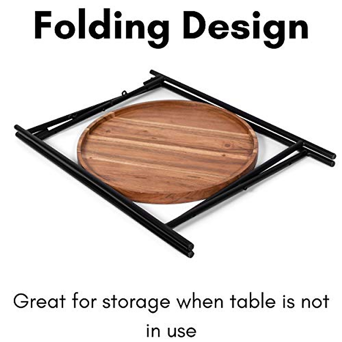 BIRDROCK HOME Folding Side Table with Removable Wood Tray - Black Metal Foldable Nightstand - Indoor Use Only - Bar Coffee Drinks Food Serving Tray - Decorative Modern End Accent - Natural Acacia