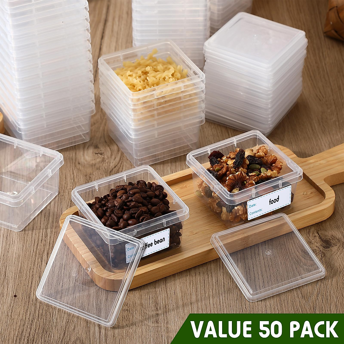 Blushtier 50 Sets 12 oz Square Deli Containers with Lids Stackable Plastic Freezer Food Storage Clear Dessert Containers with Freezer Labels for Takeout Meal Prep Storage, Microwave and Freezer Safe