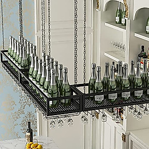 DASHADAO Hanging Wine Glass Rack-Black Wine Rack Home Wine Bottle Racks Ceiling Wall-Mounted Storage Shelf with Hanging Stemware Champagne Glasses Holder Metal Bar Unit Floating Shelves HOM