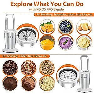 KOIOS PRO 850W Bullet Personal Blender for Shakes and Smoothies, Protein Drinks, 11 Pieces Set Blender for Kitchen Baby Food with Ultra Smooth 6-Edge Blade, Coffee Grinder for Beans, Nuts, Spices, 2x17 Oz + 10 Oz Large & Small To-Go Cups, 2 Spout Drinking
