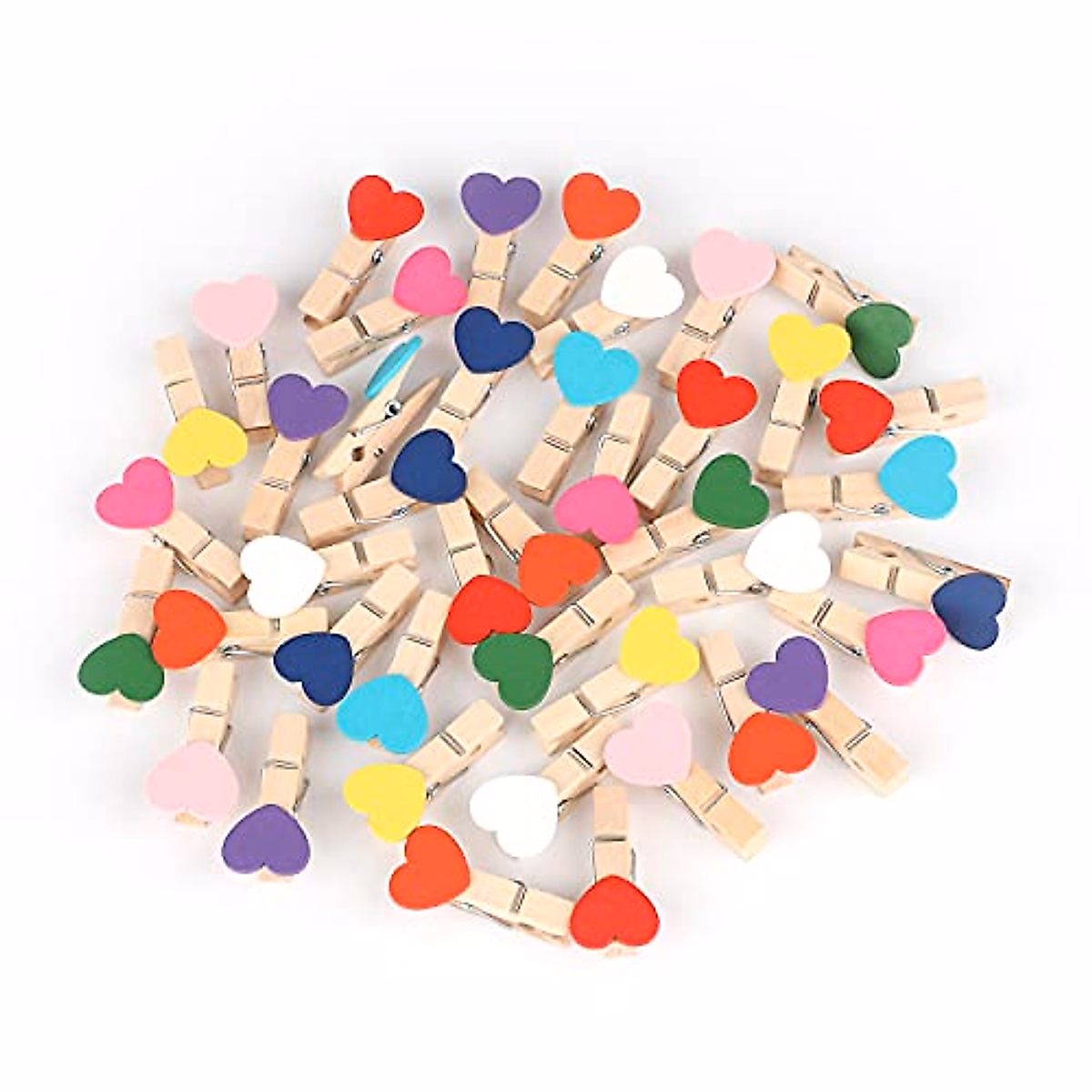 jijAcraft 100Pcs Mini Wooden Heart Clothespins, Multicolor Small Clothespins with Heart, 3.5cm Heart Photo Clips, Tiny Clothes Pins with String for Photos Display,DIY Craft,Wedding&Baby Shower Decor