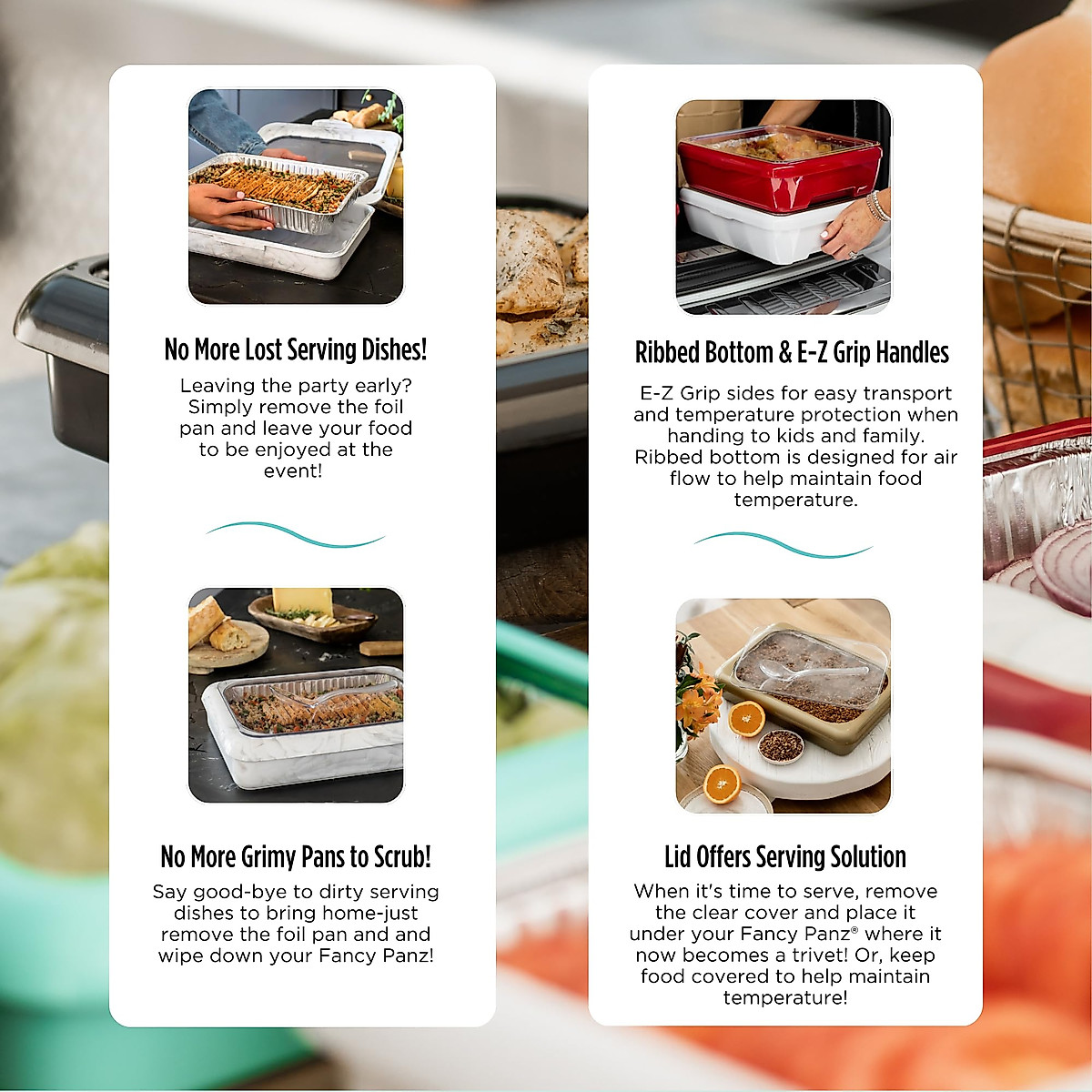 Fancy Panz, Serving Tray for Food, Made in the USA Foil Pan Carrier, Stackable Aluminum Pan Holders, 9x13x2 Cake Pan Travel Casserole Carrier With 1 Disposable Foil Pan & Serving Spoon, Marble