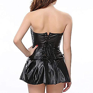 Blidece Woman's Punk Rock Faux Leather Steampunk Bustier Sexy Zip Dress Lingerie Skirt Overbust Plus Size Burlesque Corset Set Medium Black
