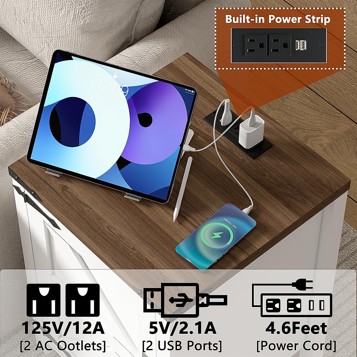 PakaLife Farmhouse End Table with Charging Station, 17.7" Side Tables Living Room with Barn Door & Adjustable Shelf, Bed Side Table/Nightstand w/Magnetic Door for Bedroom