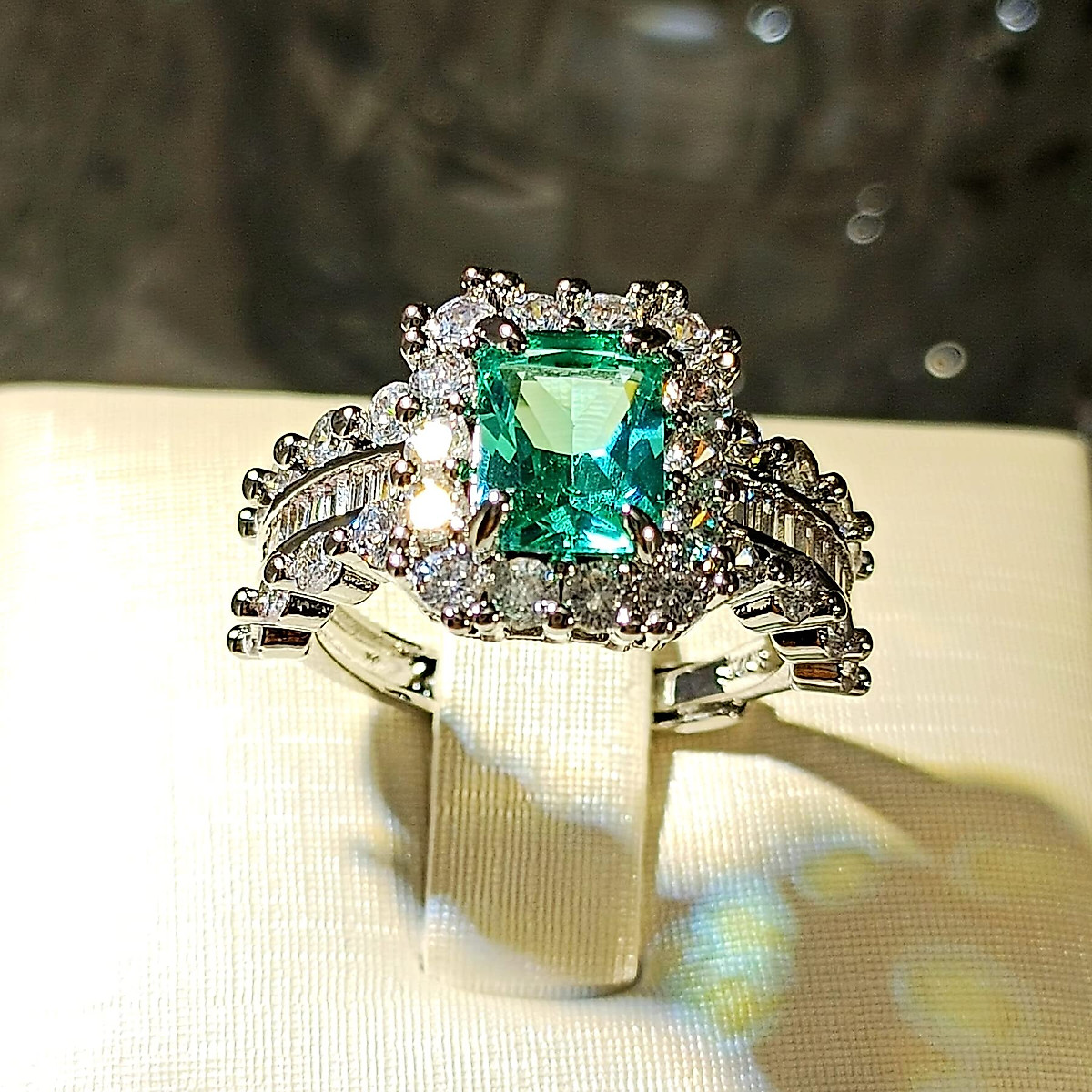 KINMOT Pretty Baguette Cut Shank Halo Sky Blue Square Zircon Engagement Rings Gift for Her