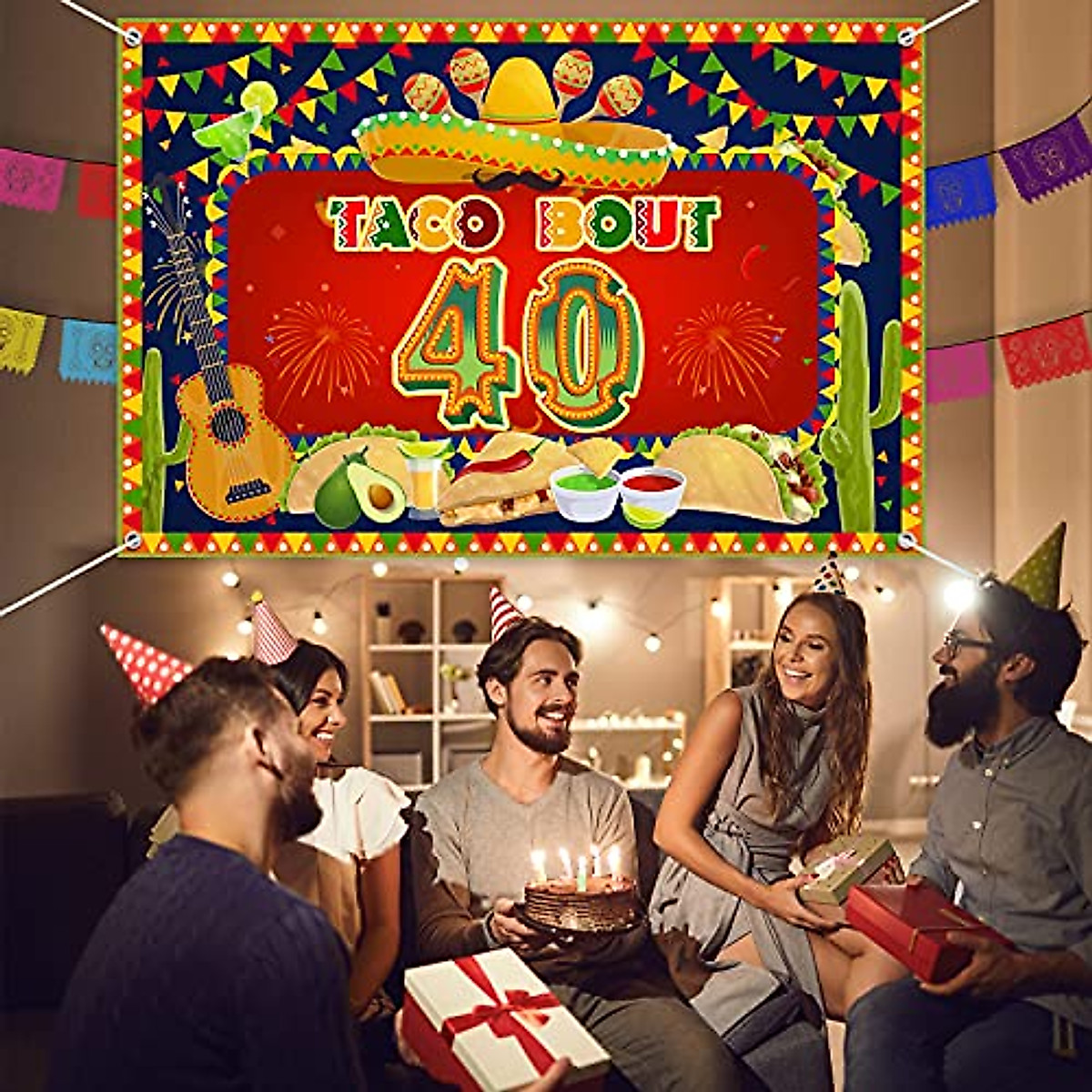 HAMIGAR 6x4ft Happy 40th Birthday Banner Backdrop - Taco Bout 40 Fiesta Mexican Cactus Birthday Decorations Party Supplies for Men