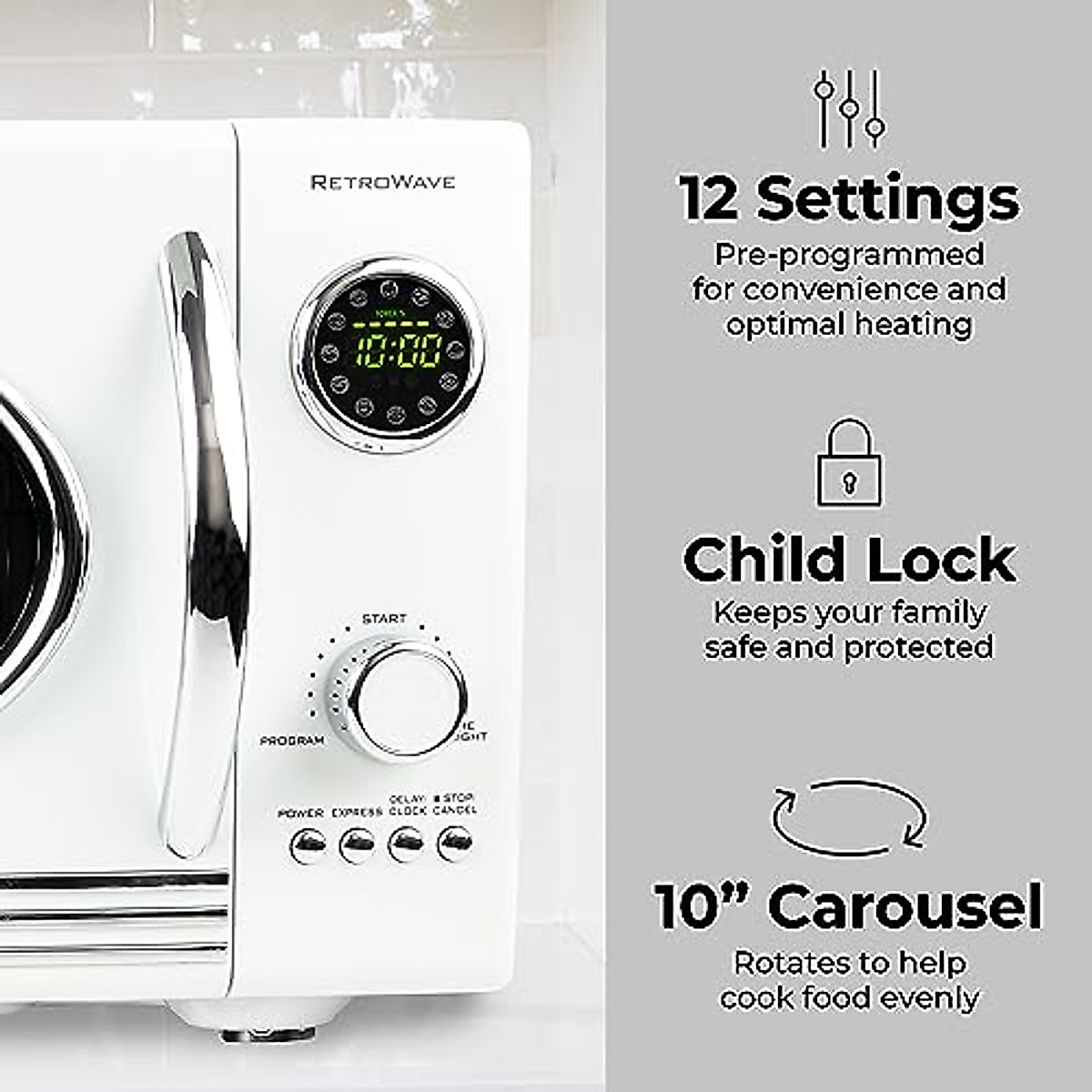 Nostalgia Retro Microwave - Countertop Microwave Oven - Includes 12 Pre-Programmed Settings and Digital Clock - 0.9 CU Ft. - 800 Watts - White