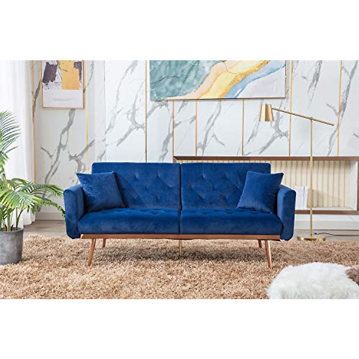 Woanke Mid Century Modern Velvet Fabric Home Living Room Bedroom, Convertible Futon Bed, Accent Sofa Recliner, Golden Metal Legs, 2 Couch Pillows, Navy