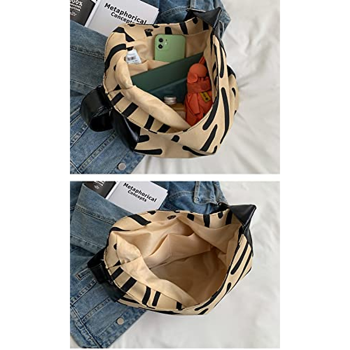 Women Girls Fashion Shoulder Bag Large Tote Handbag Purse Canvas Shopping Dating Bag Slouchy Travel Bag Casual Bag Crossbody (Brown)