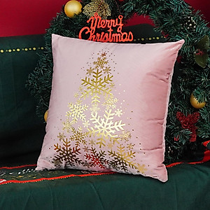 ONWAY Pink Gold Christmas Decorations Throw Pillow Covers 18x18 Set of 4 Snowflakes Reindeer Decorative Cushion Cases Xmas Golden Decor for Couch Sofa Bedroom