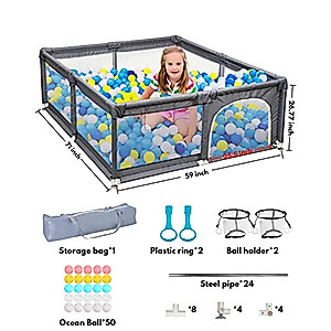 PlayPen for Babies and Toddlers-Aukivon 71"x59" Extra Large Baby Playpen with Storage Bag Baby Playard with Door, 2 Pull Rings & 50 Ocean Balls for Kids for Indoor & Outdoor, Anti-Collision, Grey