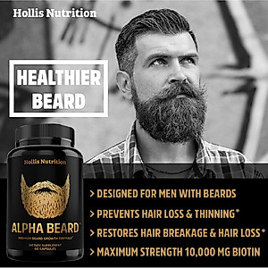 ALPHA BEARD Growth Vitamins | Biotin 10K MCG, OptiMSM®, goMCT®, BioPerine®, Collagen | Beard and Hair Growth Supplement for Men | Regrow Stronger, Thicker, Healthier Facial Hair - For All Hair Types