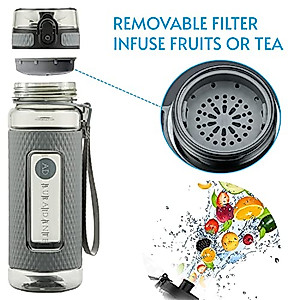 27oz Sports Water Bottle | Aura Dante | Grey | with Fruit Infuser | Firm Grip | Carry Strap | Leak proof | BPA Free | Wide Mouth and Spout | Gift Ideas for Fitness Outdoors