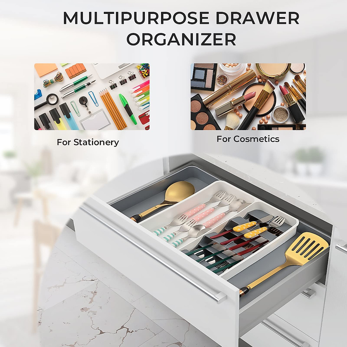 yamagahome Kitchen Drawer Organizer, Expandable Utensil Tray Drawer Organizer, Silverware Tray for Drawer, Adjustable Plastic Utensil holder, Multi-Purpose Storage for Kitchen, Office and Bedroom