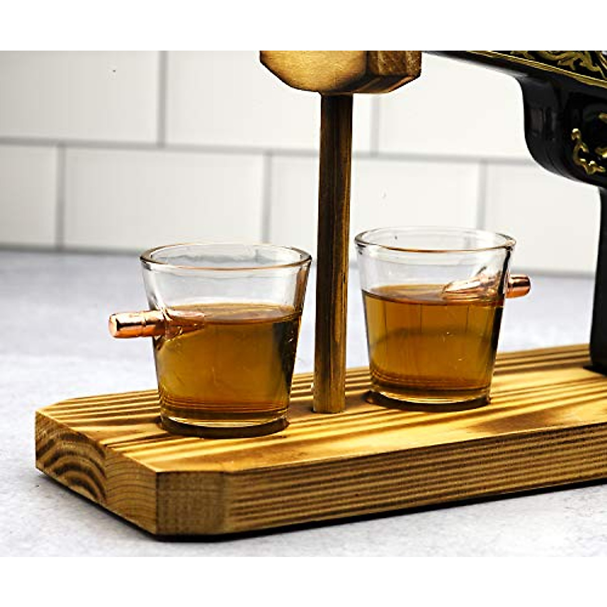 Hand Painted Pistol Whiskey & Wine Decanter by The Wine Savant - Pistol Whiskey Gun Decanter & 2 Bullet Shot Glasses - Military Gifts, Veteran Gifts, Law Enforcement Gifts, Home Bar Gifts, Drinking