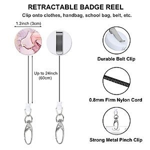 Badge Reels Retractable with Carabiner Reel Clip, Worker Badge Holder Belt Ferrule, Identity ID Badge Holder Case, Nurse Doctor Office School Teacher Name Credit Card Pocket (H-Marble Pretty)