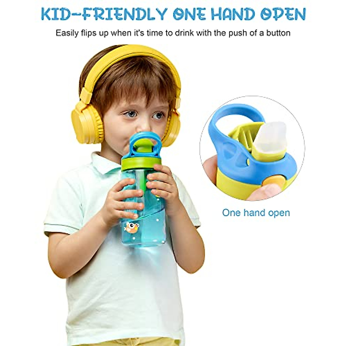 A+ Choice Kids Water Bottle with Straw & Handle - 16 oz BPA Free Kids Water Bottles, Spill Proof, Easy-Clean, Dishwasher Safe - Cute Whale Sky Blue