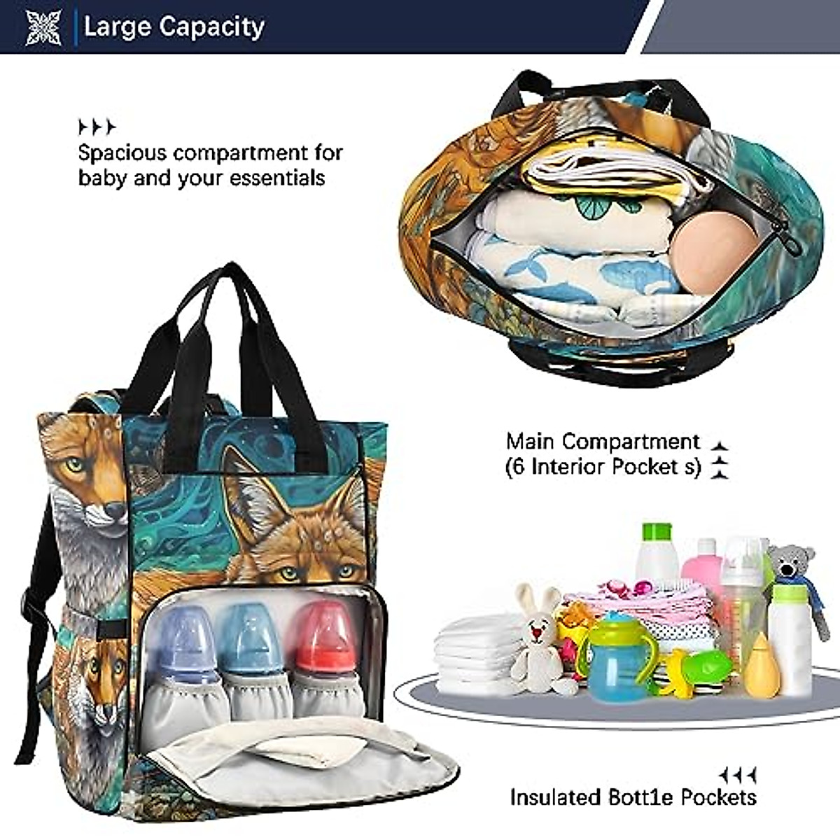 ZENWAWA Diaper Bag Backpack for Mom Dad-Painting Fox Floral Print with Insulated Feeding Bottle Inserts, Nappy Daypack for Outdoor Hiking Travel 11.02×5.91×15.3 INCH