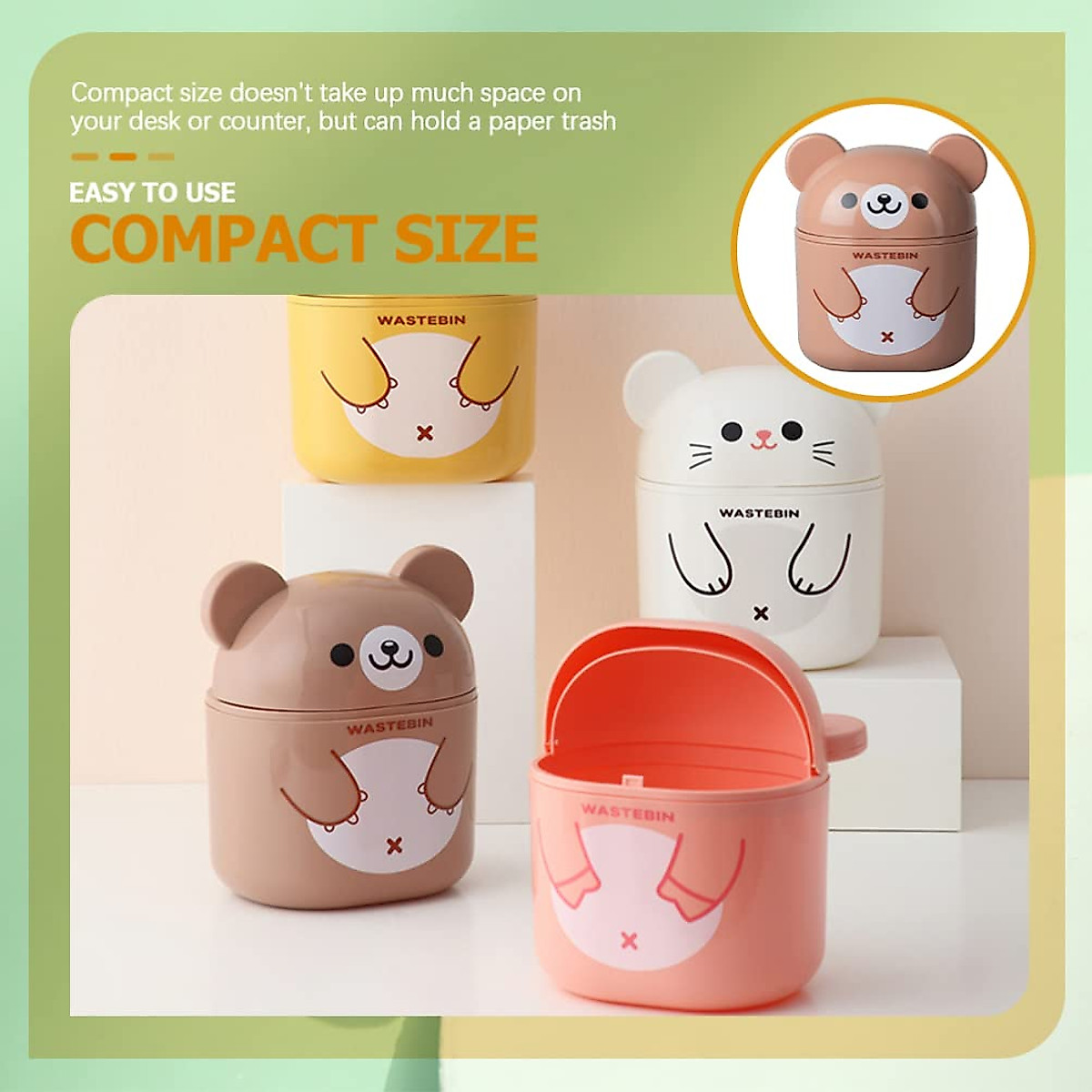NUOBESTY Mini Desk Trash Can Cute Bear Trash Bin Cartoon Desktop Storage Box Garbage Container with Lid for Bathroom Kitchen(Brown)