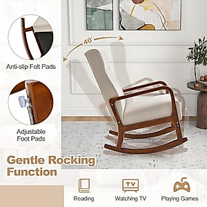 Upholstered Rocking Chair with Ottoman and Solid Rubber Wood Frame and Padded Cushion, Comfortable Rocker Solid Wood for Living Room (Beige)