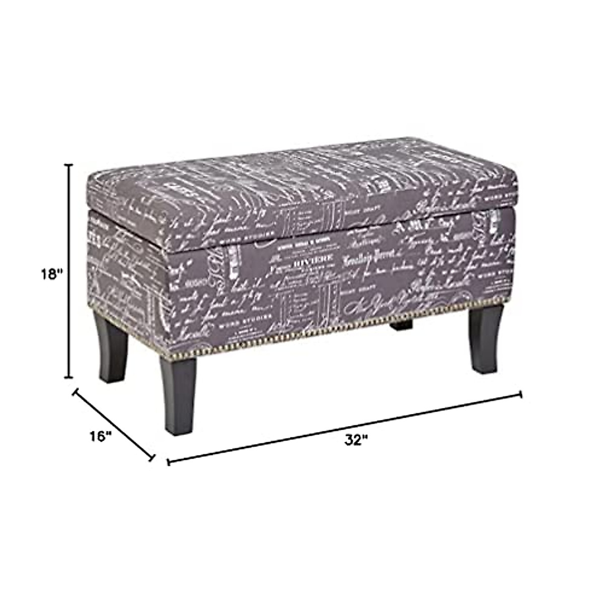 FIRST HILL FHW Endora Rectangular Fabric Storage Ottoman with Script-Style Pattern - Storm Grey