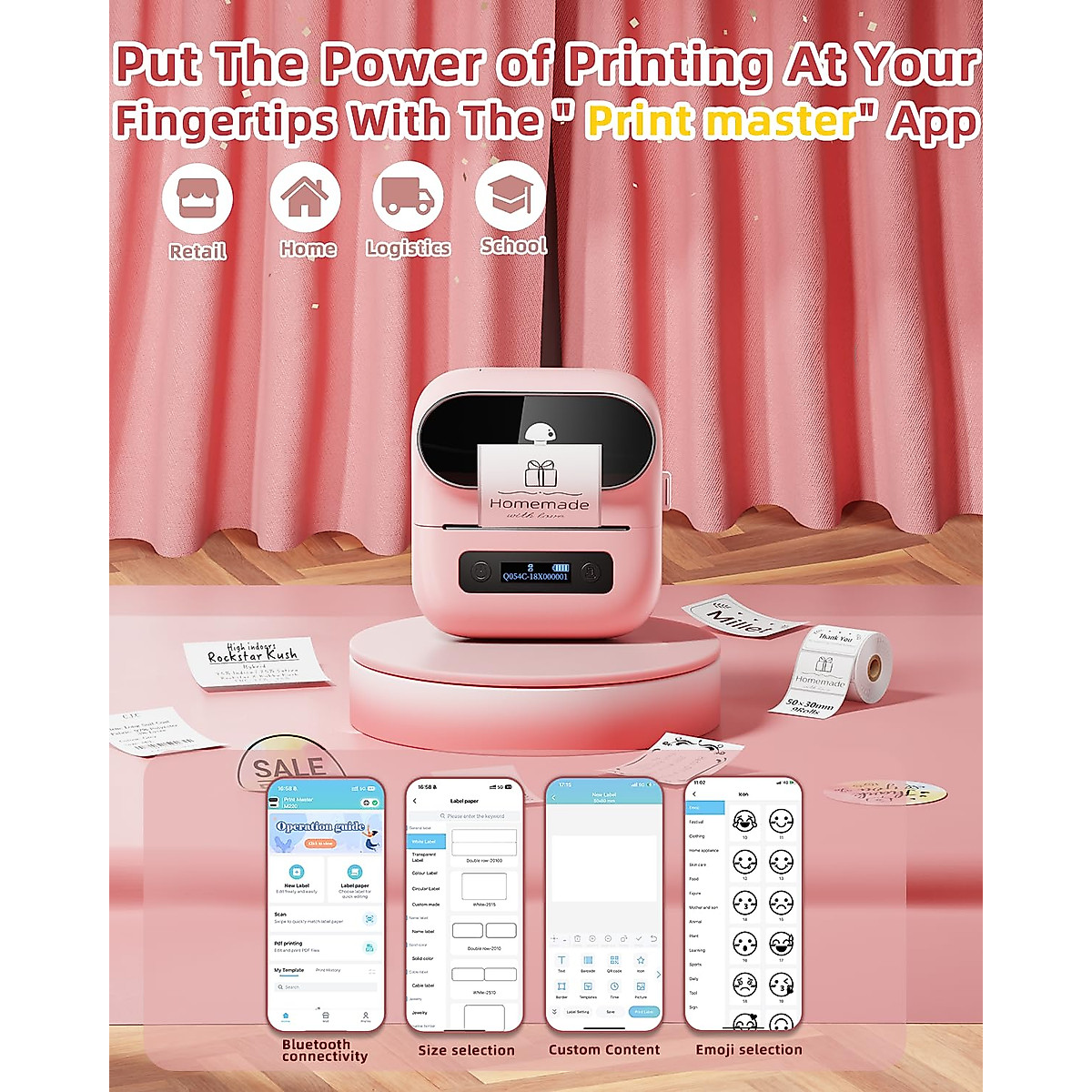 Phomemo Label Printer - M220 Label Maker, Bluetooth Mini Barcode Printer, 3 Inch Wireless Portable Sticker Maker Machine for Mailing, Storage, Address, Clothing, Home, Office,Pink