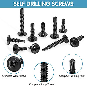 410 Stainless Steel #8#10 Self Tapping Screws for Metal, 380 PCS Self Drilling Screws Assortment Kit, Black Oxide, Modified Truss Head Self Tapping Sheet Metal TEK Screws, Length 1/2" to 1-1/4''